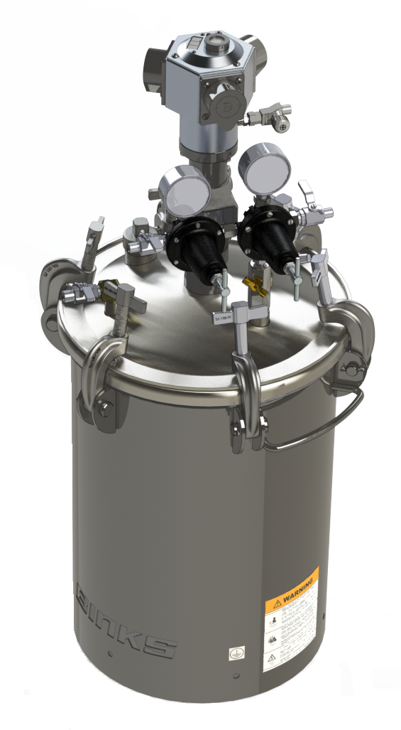 Binks 5 Gallon SS Pressure Tank, 2 Regulators, Direct Drive Agitator